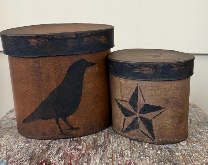Primitive Decor, Paper Mache Pantry Boxes, Rustic Distressed, Brown Black Band, Storage Keepsake ...