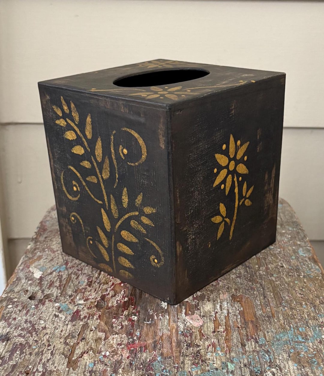 Primitive Black Paper Mache Tissue Box Cover, Colonial Mustard Yellow ...