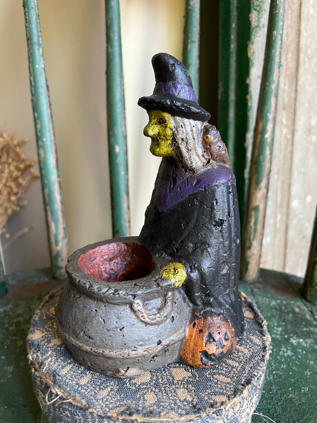 Primitive Halloween Paper Mache Witch, Rustic Distressed Autumn Fall ...