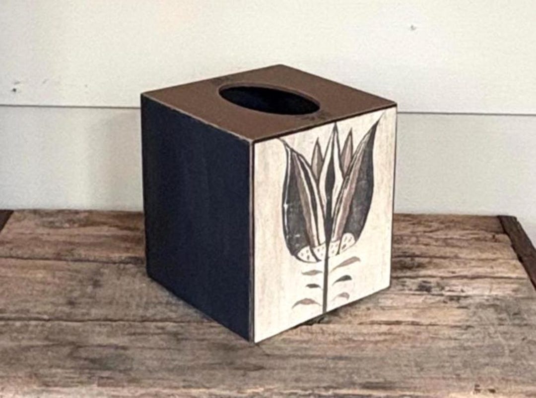 Primitive Wood Tissue Box Cover, Folk Art Tulip Black Rustic Distressed ...