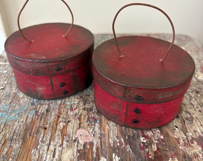 Red Primitive Pantry Box Ornaments, Round Paper Mache, Feather Tree ...