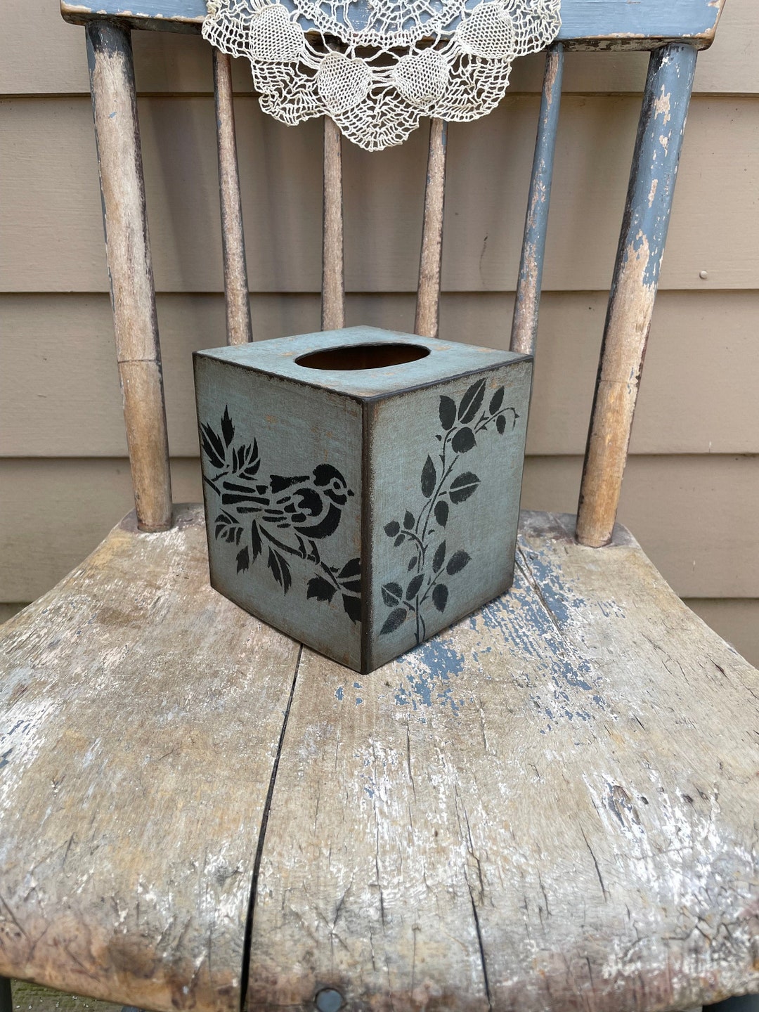 Primitive Blue Paper Mache Tissue Box Cover, Black Bird Leaves Branches ...