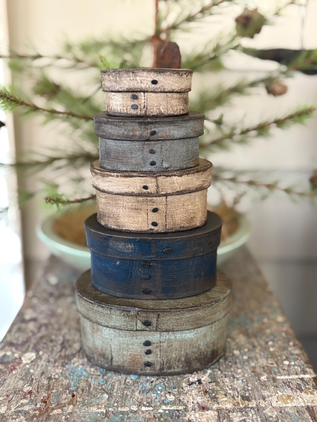 Primitive Blue Paper Mache Pantry Stacking Boxes, Stackable Keepsake ...