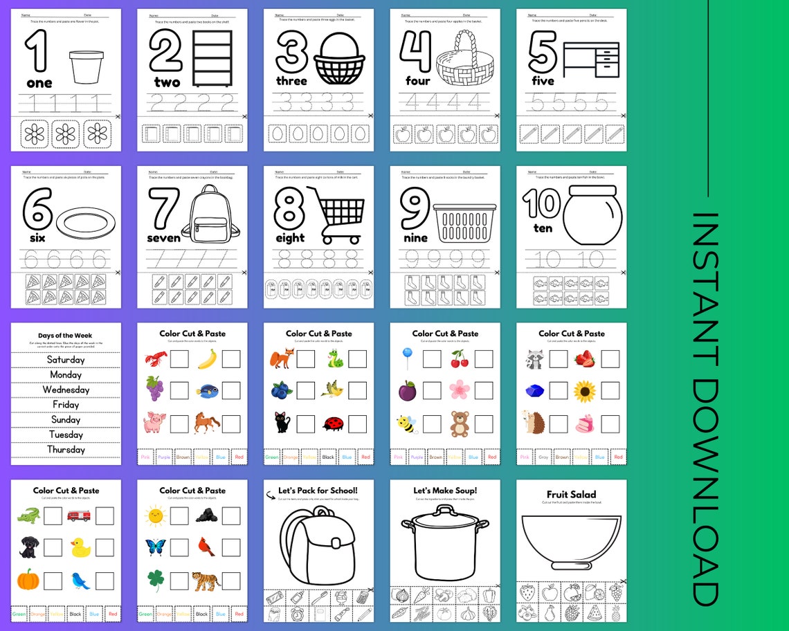 Cut & Paste Worksheet Bundle, 75 Pages, Printable, Instant Download ...