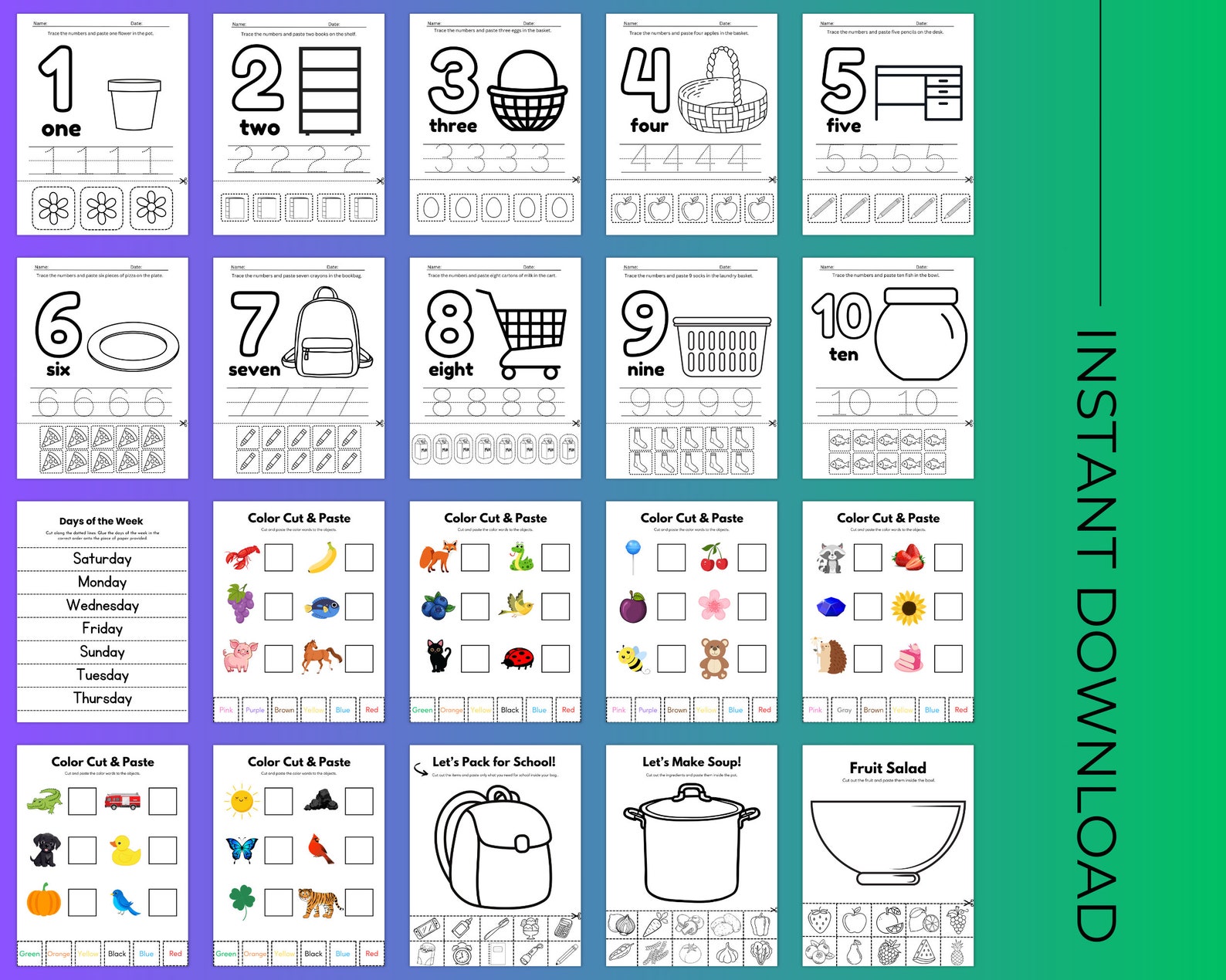 Cut & Paste Worksheet Bundle, 75 Pages, Printable, Instant Download ...