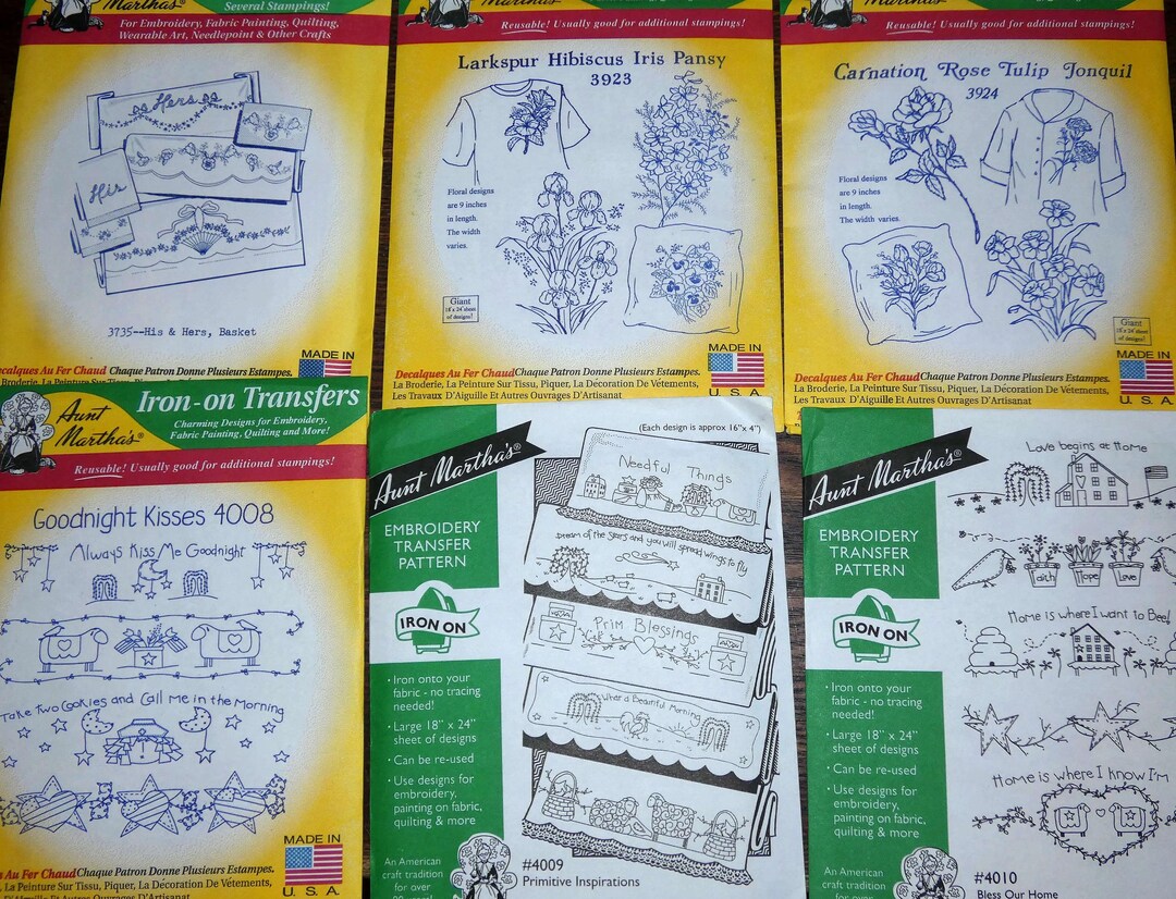 LOT Brand New Aunt Martha Hot Iron Embroidery Transfer Pattern Linens ...