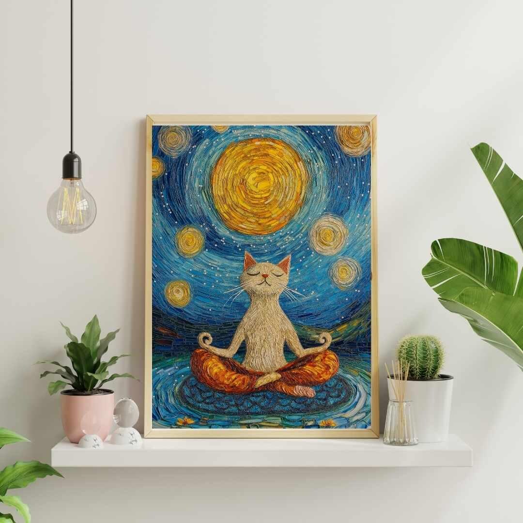 Yogi Cat Under Starry Night yogi Cat Digital Art Print, Whimsical Yoga ...