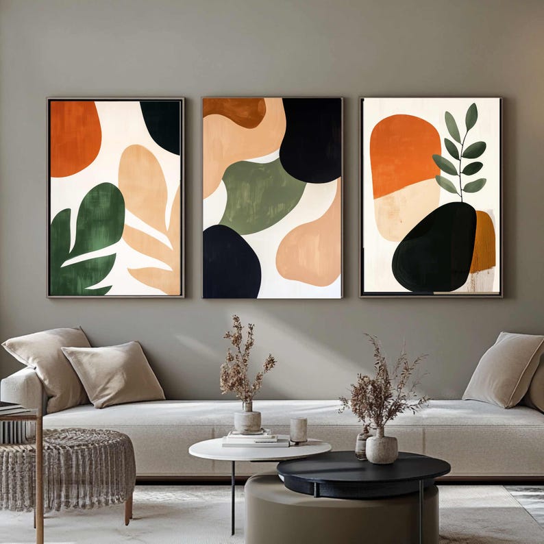 Set of 3 Abstract Boho Wall Art Prints | Minimalist Mid Century Botanical Posters | Terracotta ...