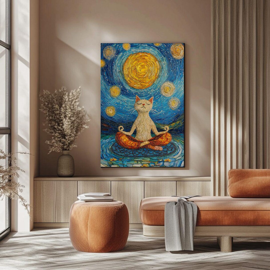 Yogi Cat Under Starry Night yogi Cat Digital Art Print, Whimsical Yoga ...