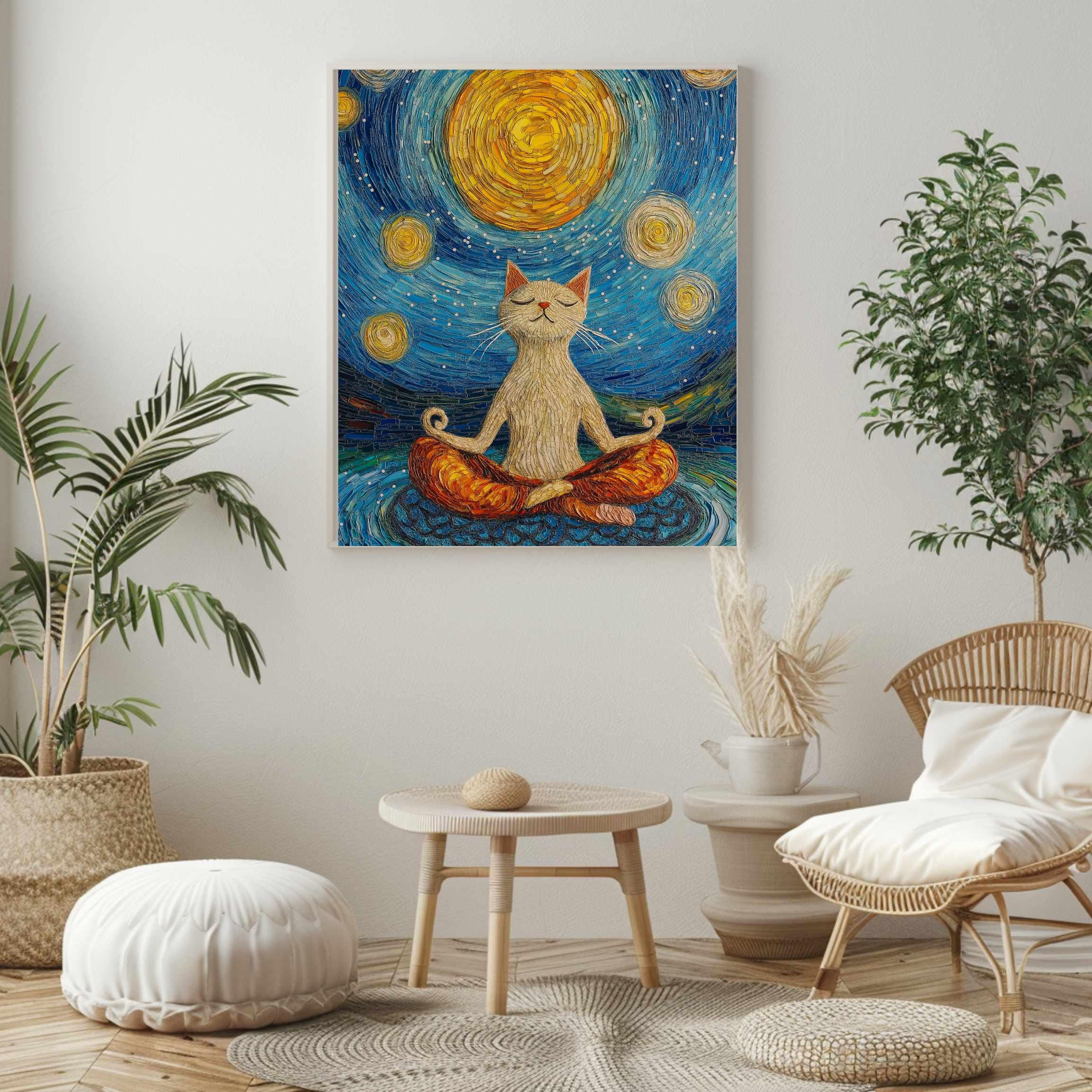 Yogi Cat Under Starry Night yogi Cat Digital Art Print, Whimsical Yoga ...