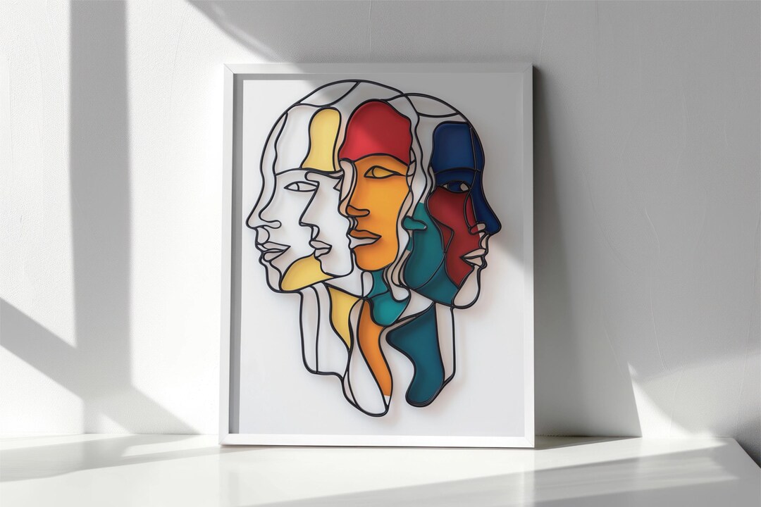 Colorful Abstract Faces Line Art Print: Modern Wall Decor (digital ...