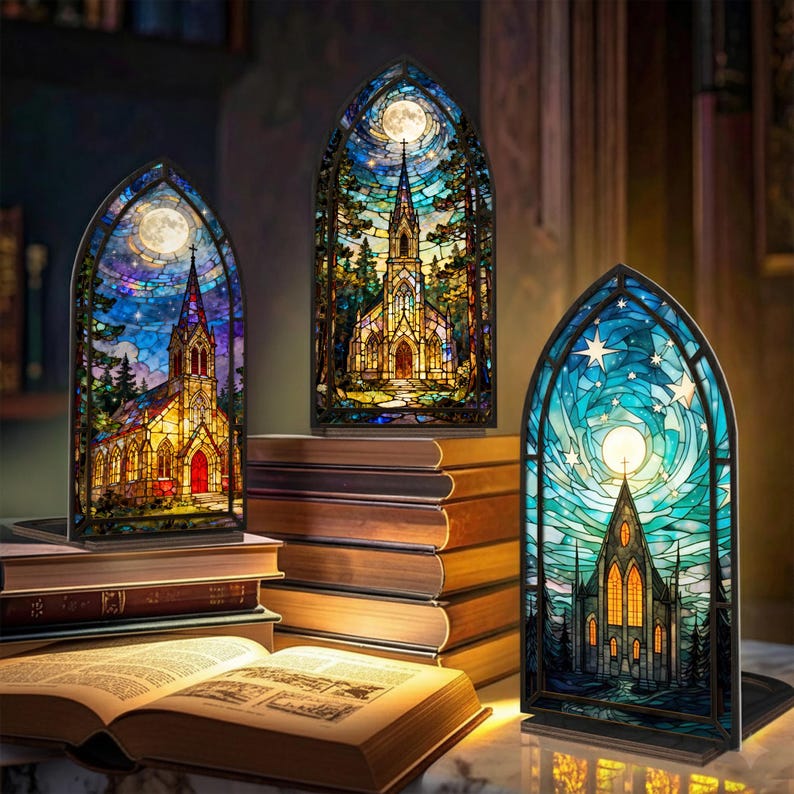 Gothic Church Book Nook, Medieval Cathedral Faux Stained Glass ...