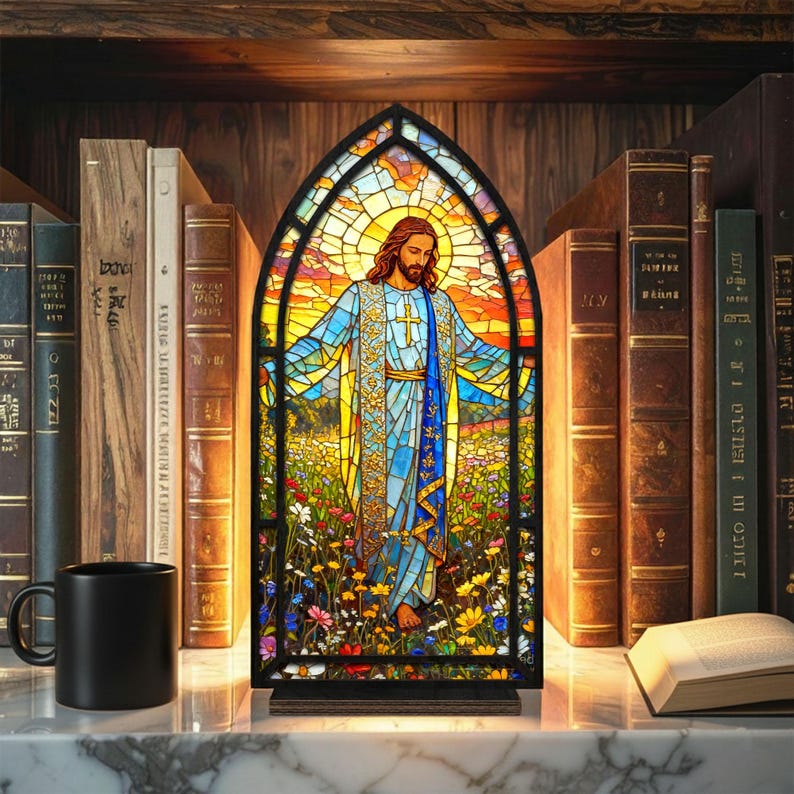 Jesus Stained Glass Book Nook, Gothic Christian Bookshelf Insert Lamp ...
