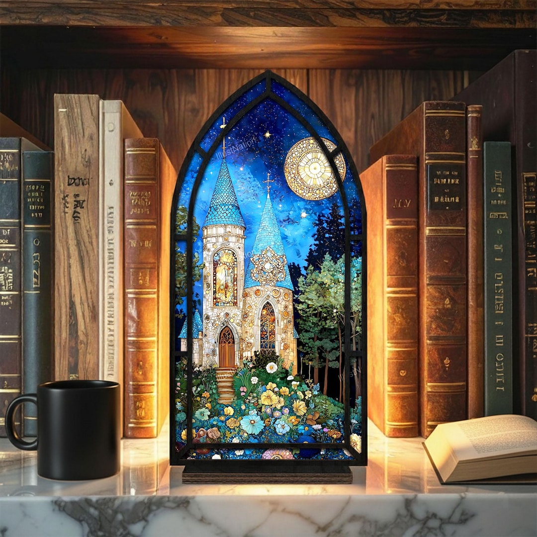 Fairy Tale Castle Book Nook | Glowing Stained Glass Bookshelf Insert - Etsy