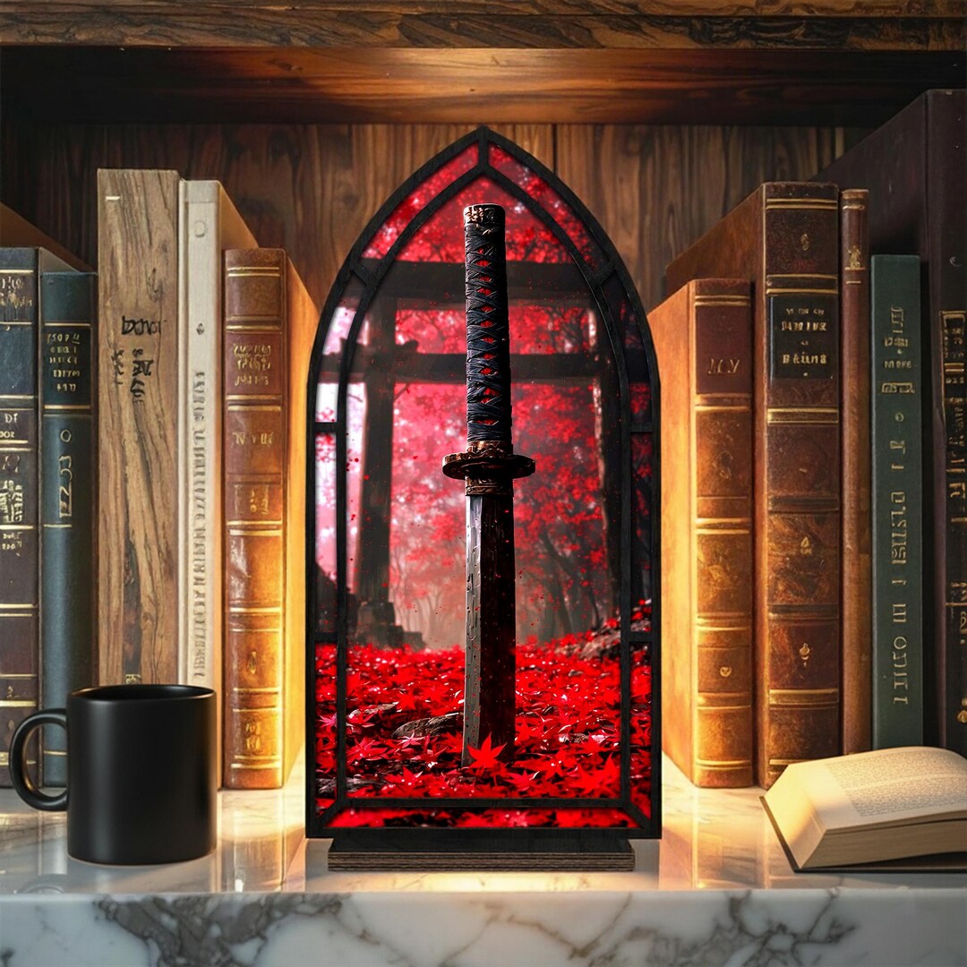 Katana Stained Glass Book Nook, Japanese Sword Window Lamp, Sakura ...