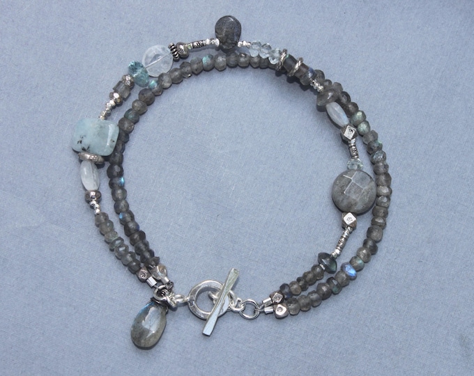 Labradorite Aquamarine Moonstone Hill Tribe Thai Silver Double Strand ...