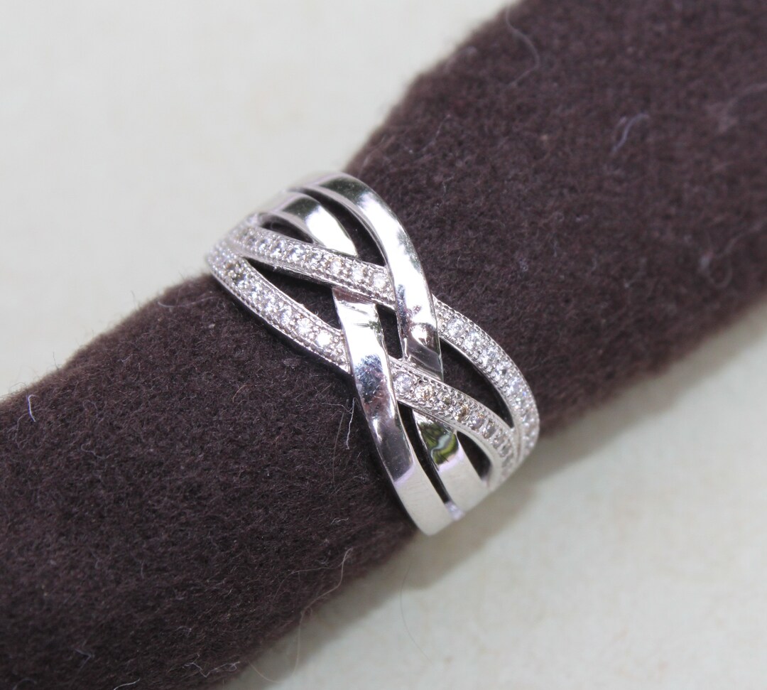 Vintage QG 925 White Gold Criss Cross Crossover Woven Cubic Zirconia ...