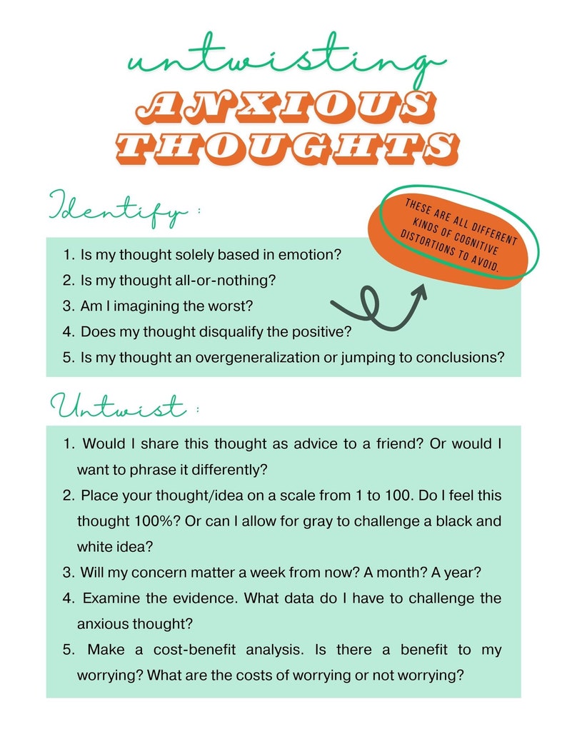 Anxiety Worksheet / Handout "untwisting Anxious Thoughts" - Etsy