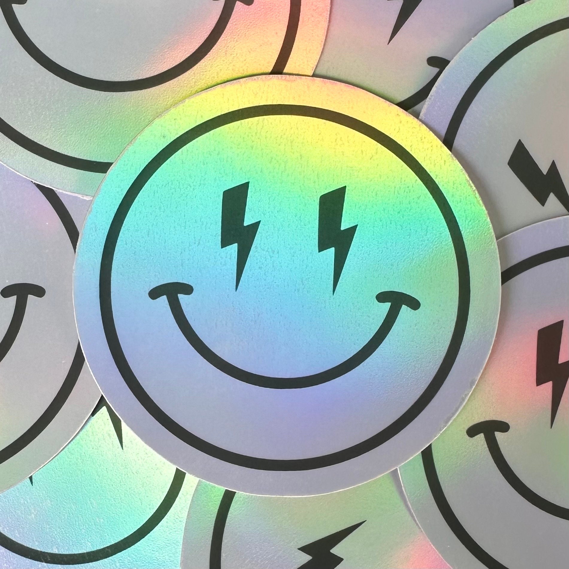 Smiley Face With Lightning Bolt Eyes Edgy Holographic Sticker ...