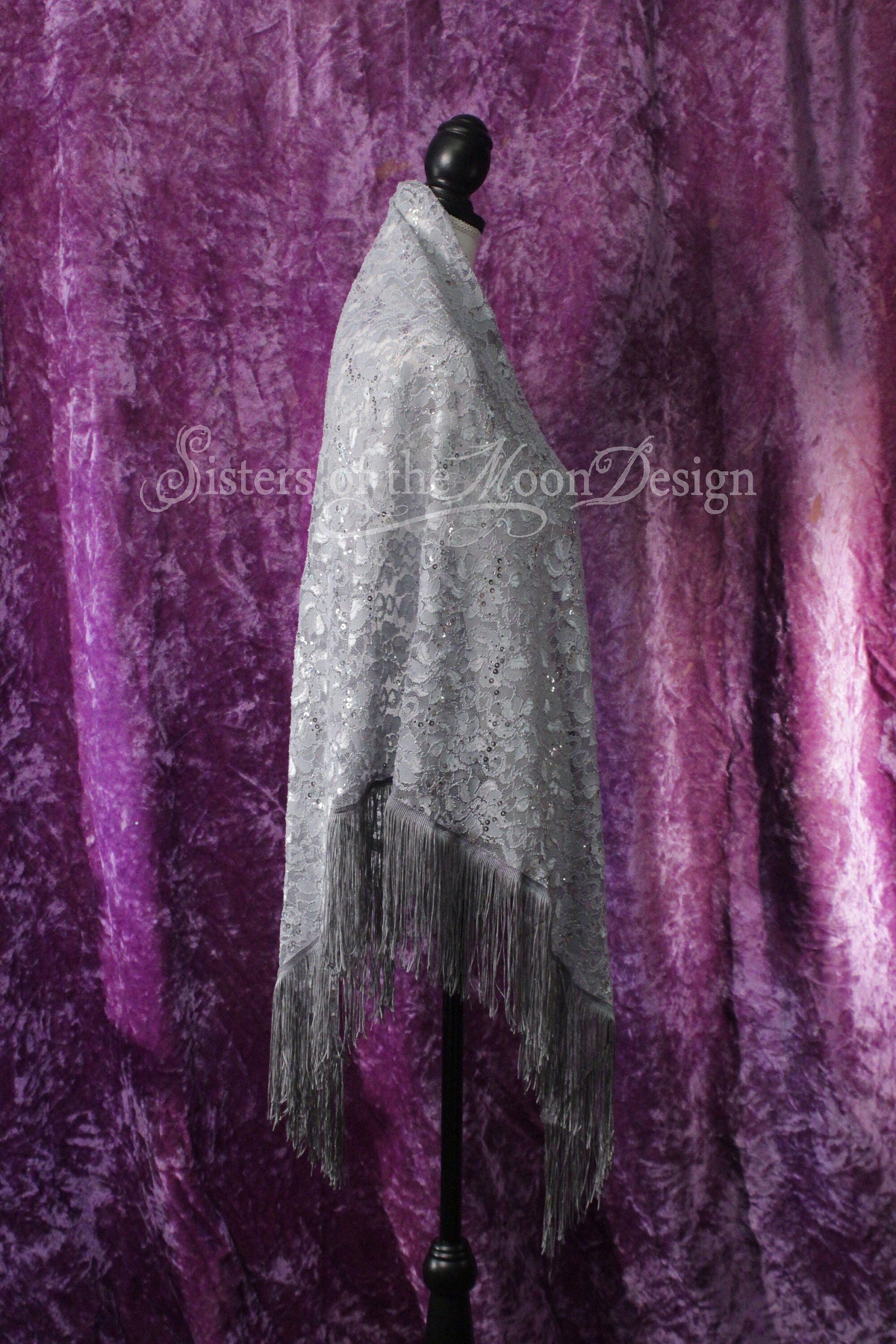 Silver Bridal Lace Shawl cape large Triangle sheer secquin | Etsy