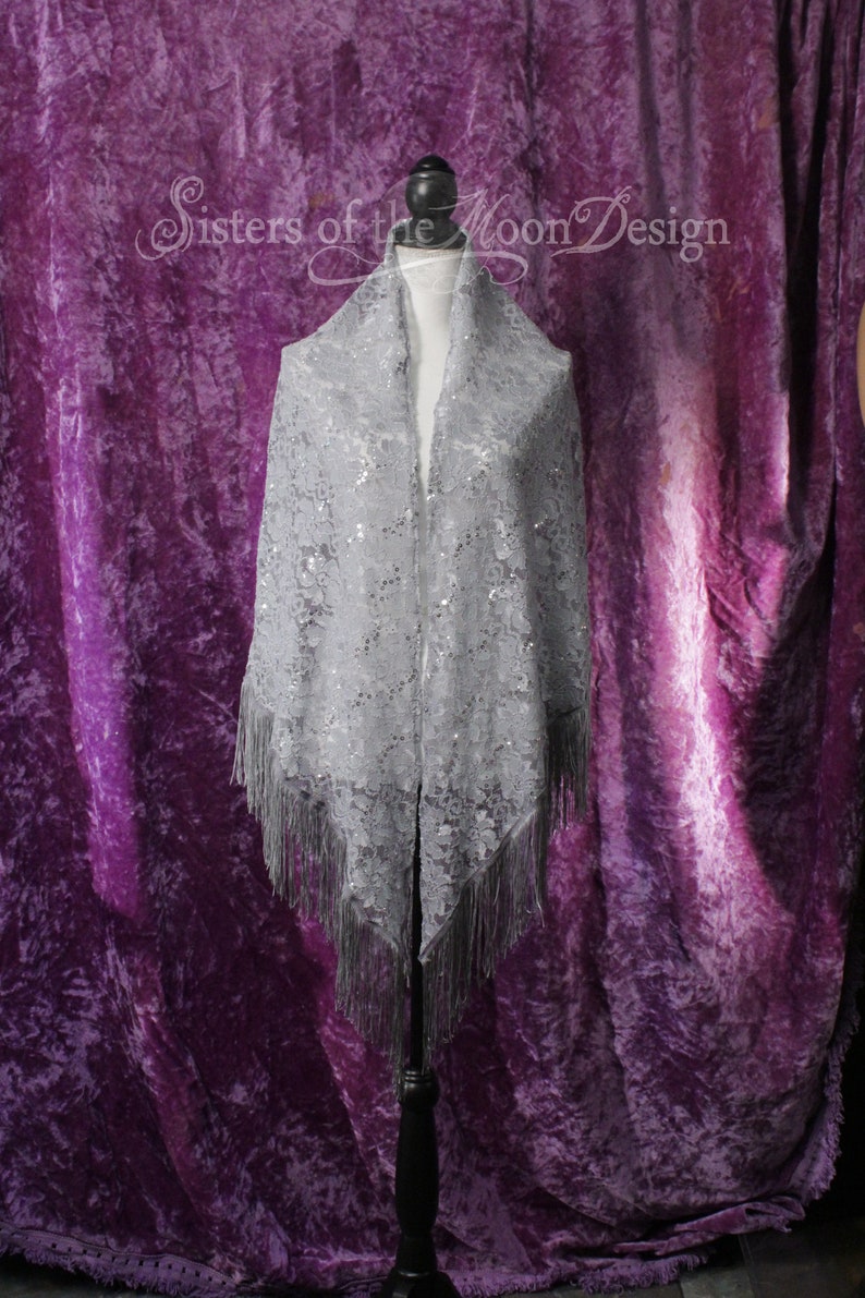 Silver Bridal Lace Shawl Cape Large Triangle Sheer Secquin - Etsy