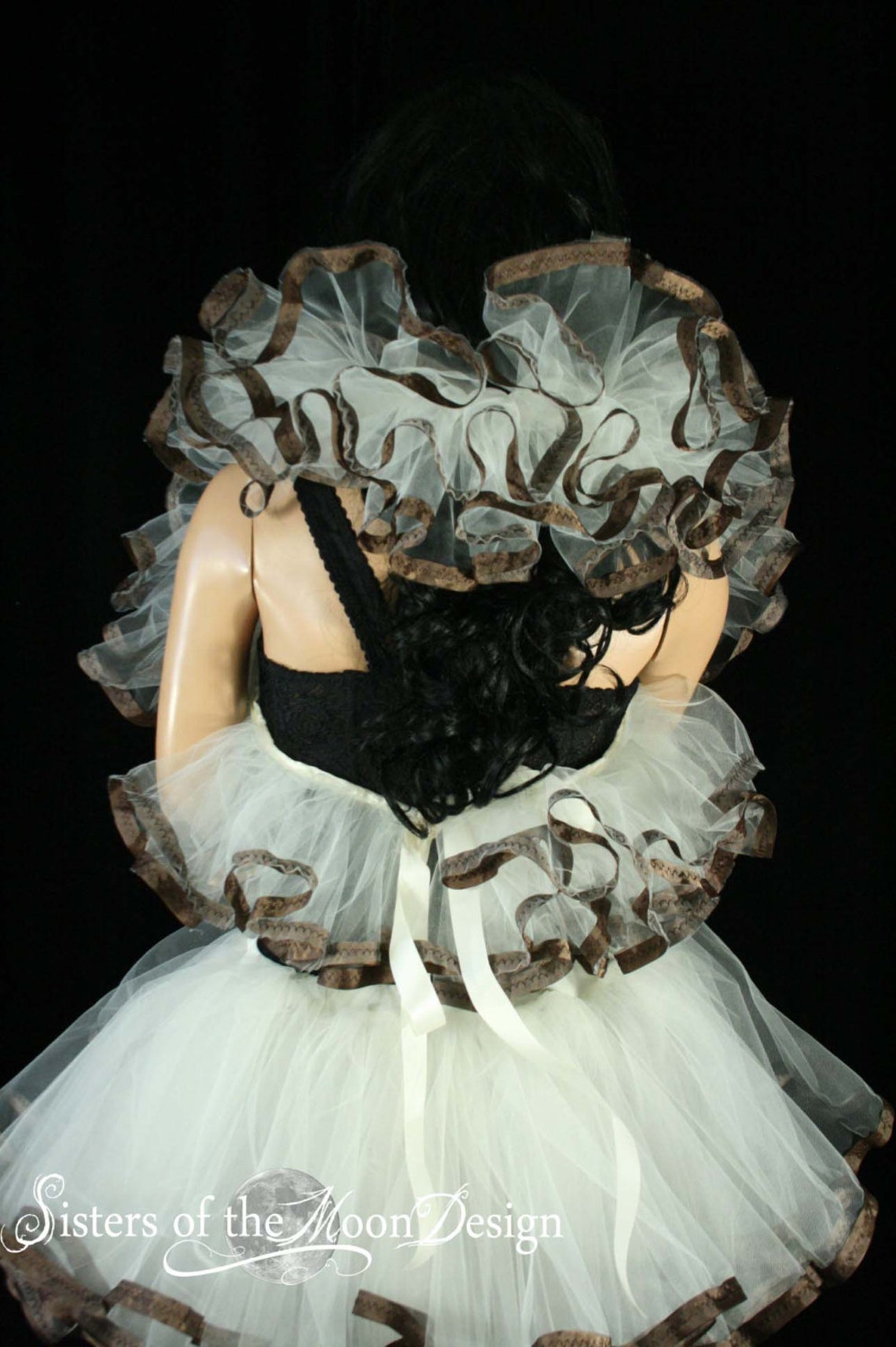 Ivory Tulle Boa Tie on Shoulder Shrug Wrap Brown Trimmed - Etsy