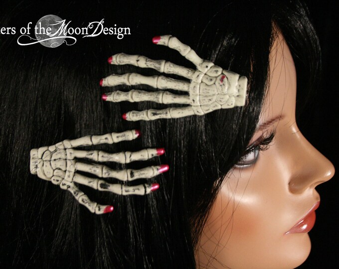 Skeleton Hand Hair Clips Barrette Pair With Painted Matallic Pink Nails ...