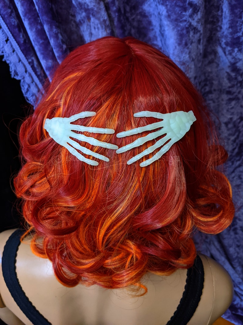 Glow in the Dark Skeleton Hand Hair Clips Barrette Pair Spooky Gothic ...