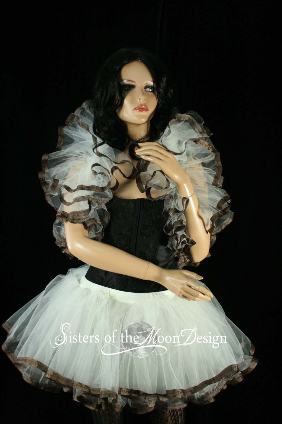 Ivory Tulle Boa Tie on Shoulder Shrug Wrap Brown Trimmed Gothic Formal ...