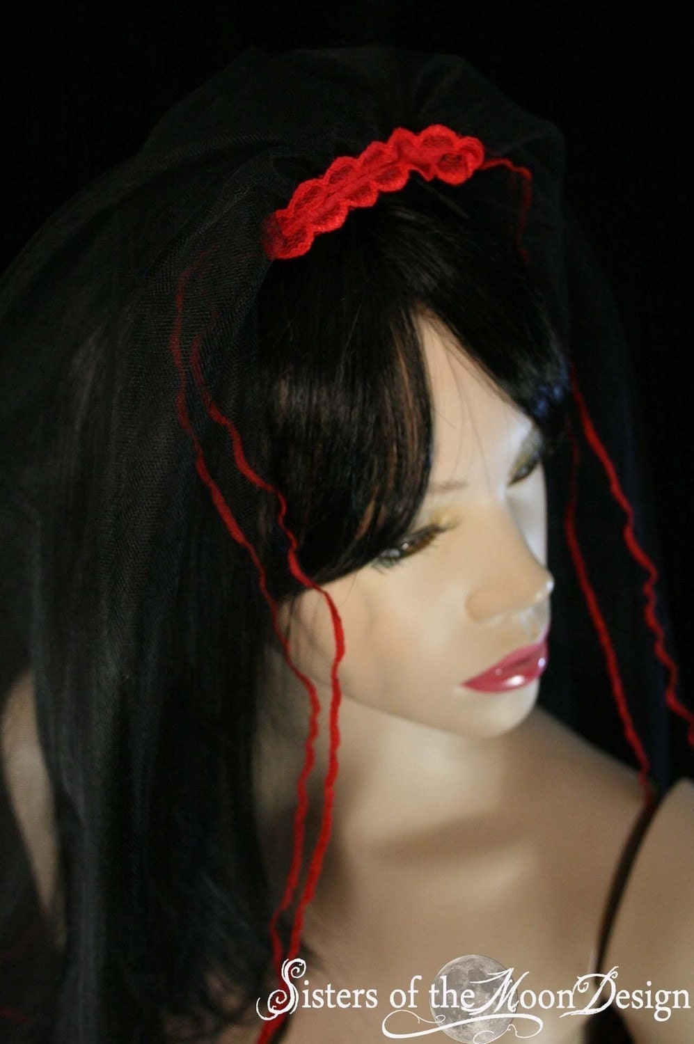 Gothic Black & Red Wedding Veil Two Layer on Tooth Comb - Goth Bride ...