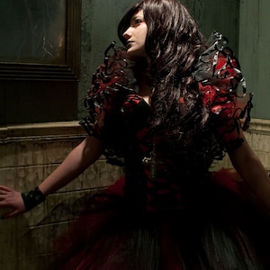 Gothic Bridal Tulle Boa Tie on Shoulder Shrug Wrap Red Black Trimmed ...