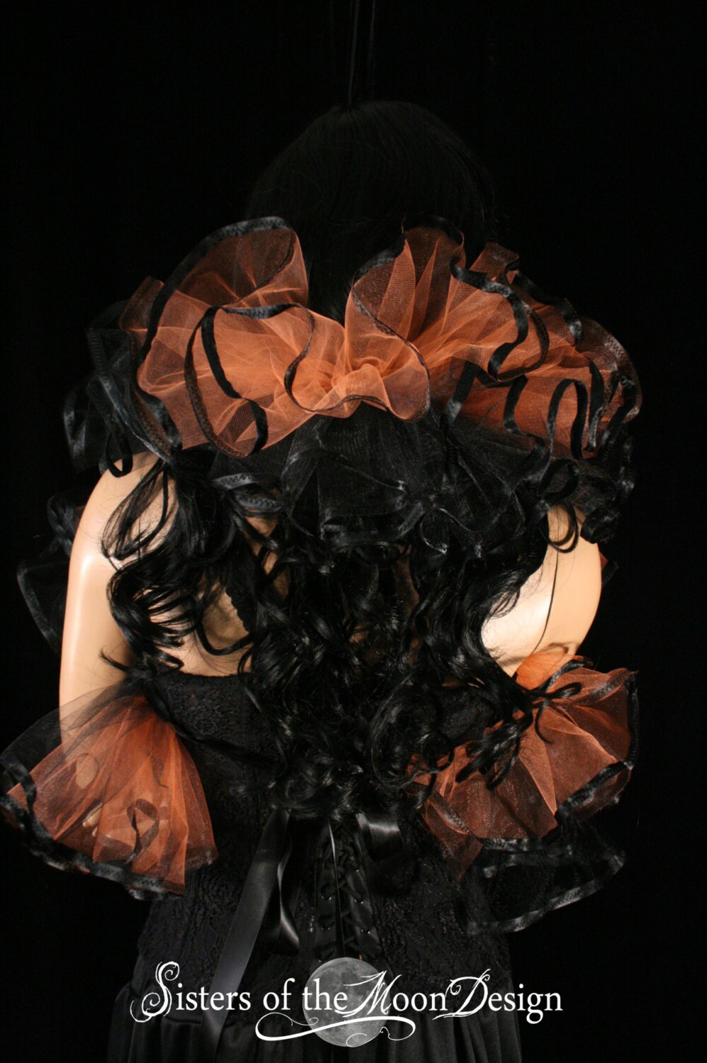 Tulle Boa Shoulder Shrug Tie on Wrap Orange Black Trimmed Gothic Formal ...