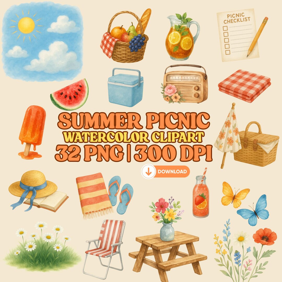 Summer Picnic Clipart Set | 32 PNG | 300 DPI | Watercolor Picnic Basket ...