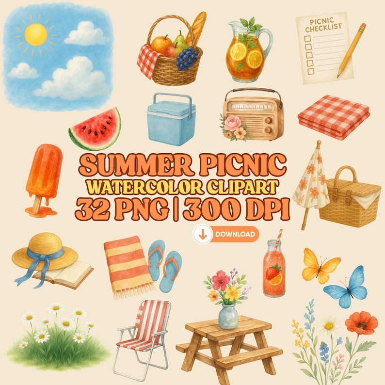 Summer Picnic Clipart Set: Watercolor Food, Floral Art (300 DPI PNG ...