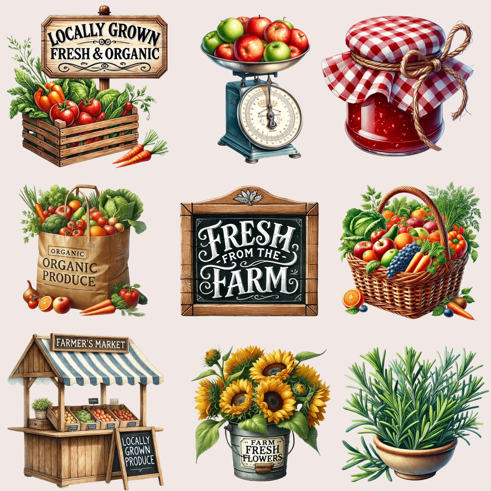 Farmer's Market PNG Bundle, Vintage Farm Fresh Clipart, Organic Food ...