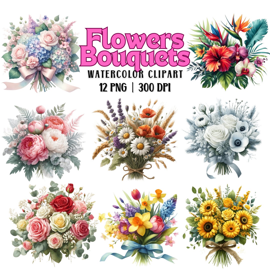 Watercolor Flower Bouquet Clipart: Floral PNG Set (digital Download) - Etsy