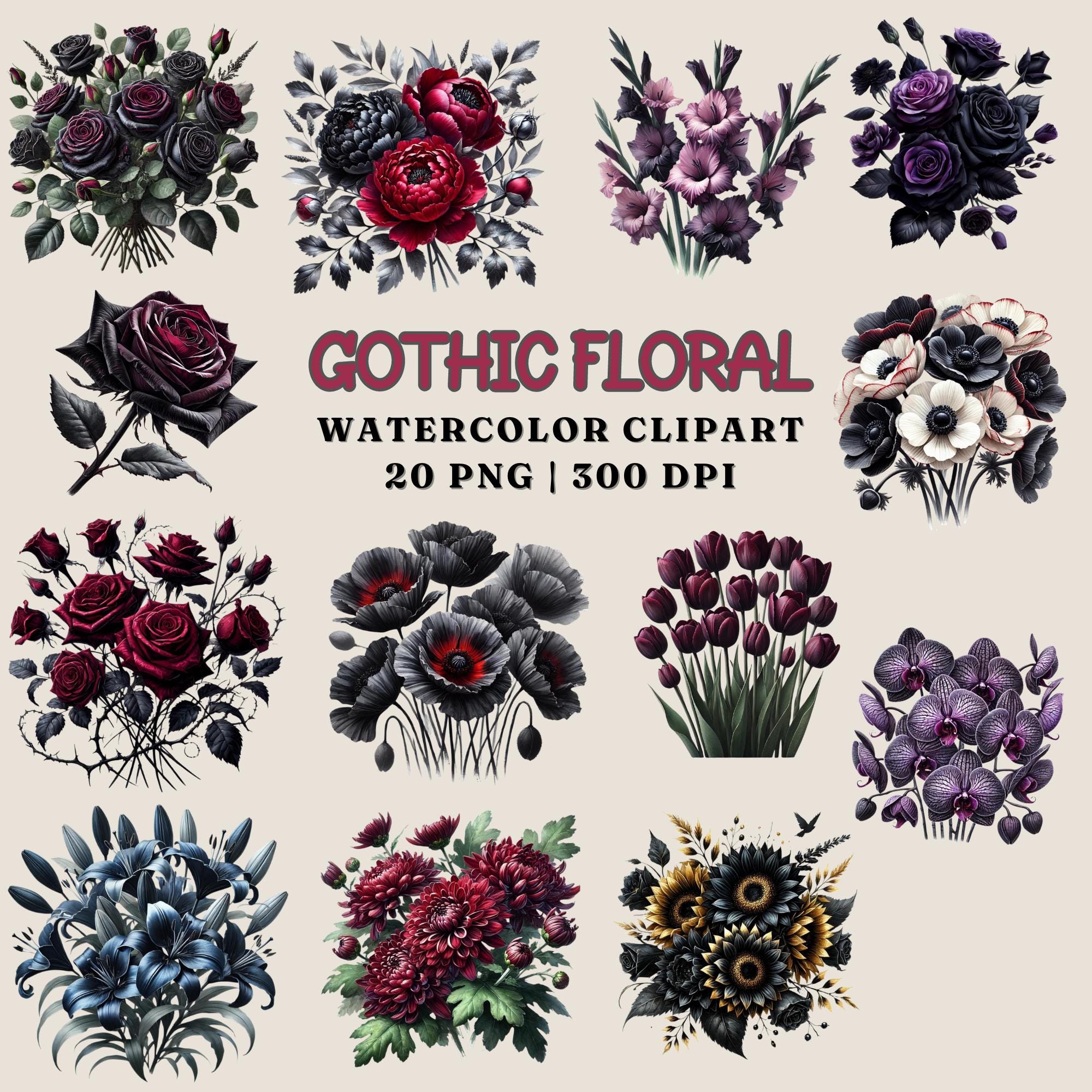 Gothic Floral Watercolor Clipart 20 Dark Flower Bouquets Pngs, 300 DPI ...