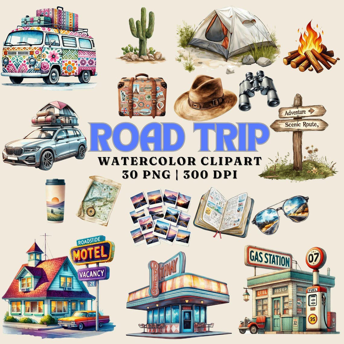 Road Trip Watercolor Clipart: Vintage Travel Illustrations (30 PNG) - Etsy