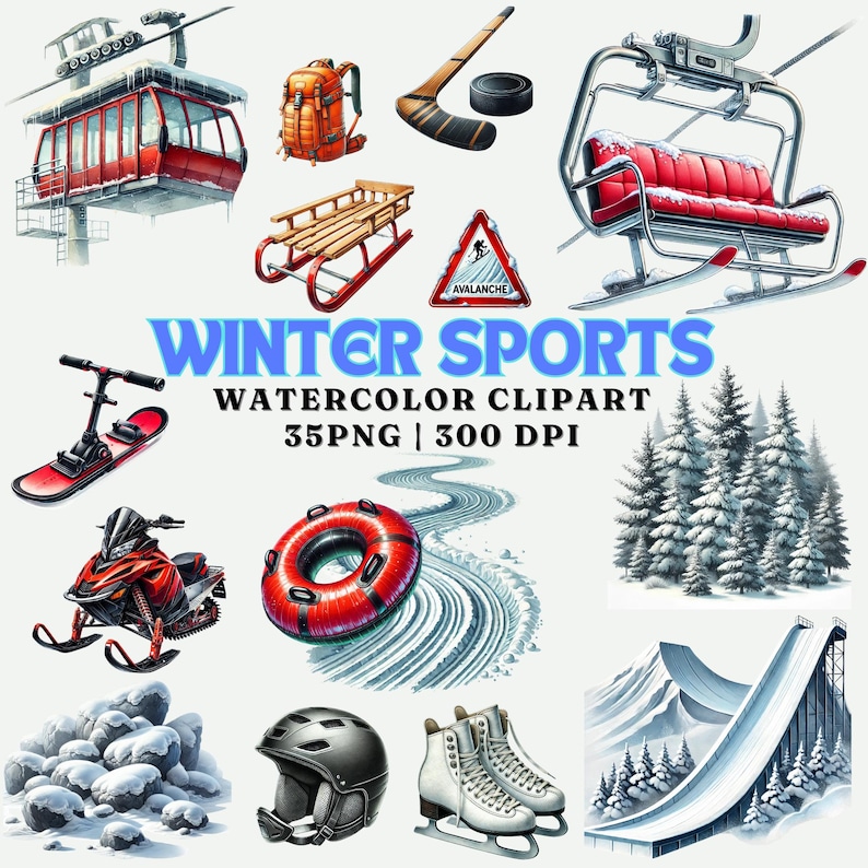 Winter Sports Watercolor Clipart: 35 PNG Files (digital Download) - Etsy