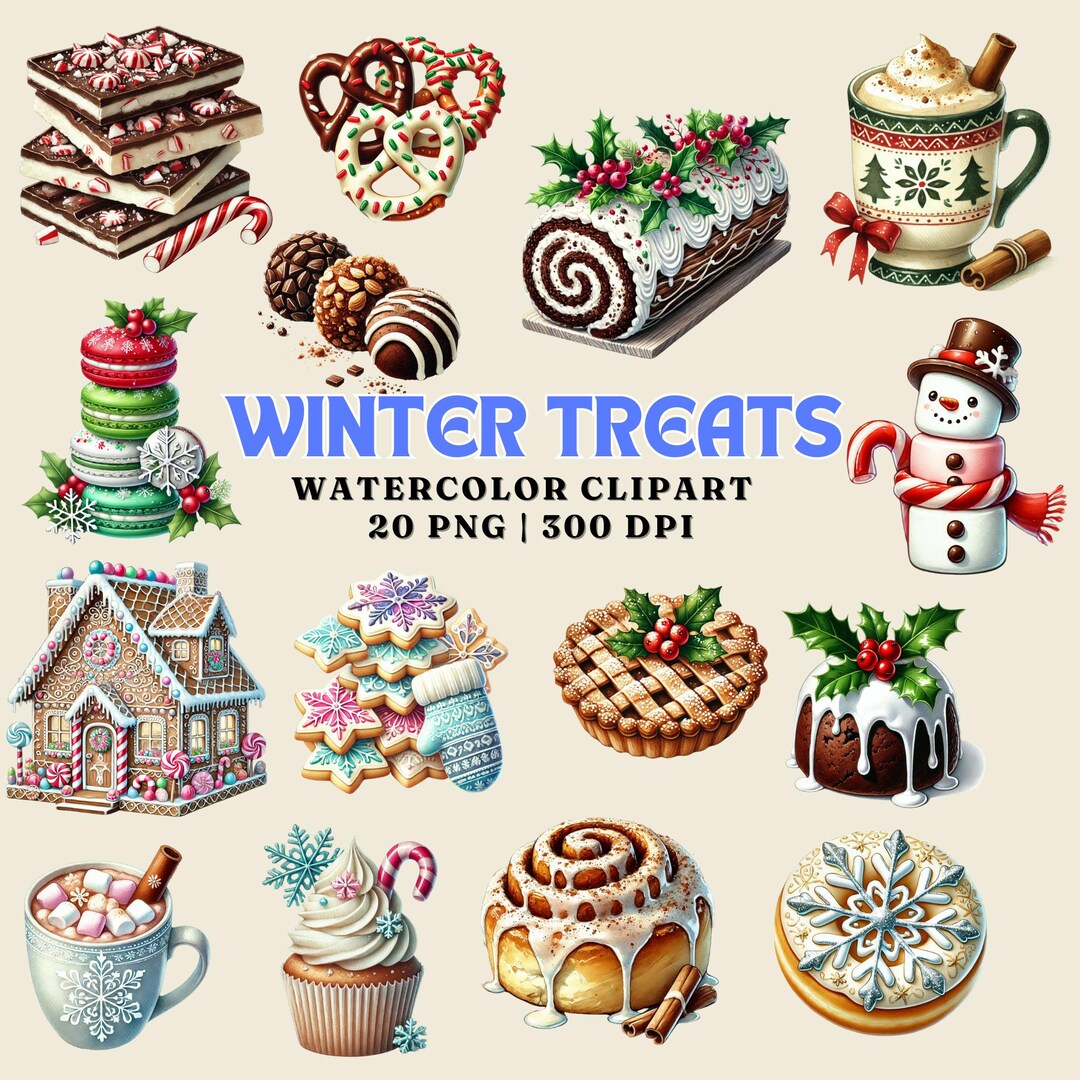 Winter Treats Watercolor Clipart: Holiday Desserts PNG Set (digital ...