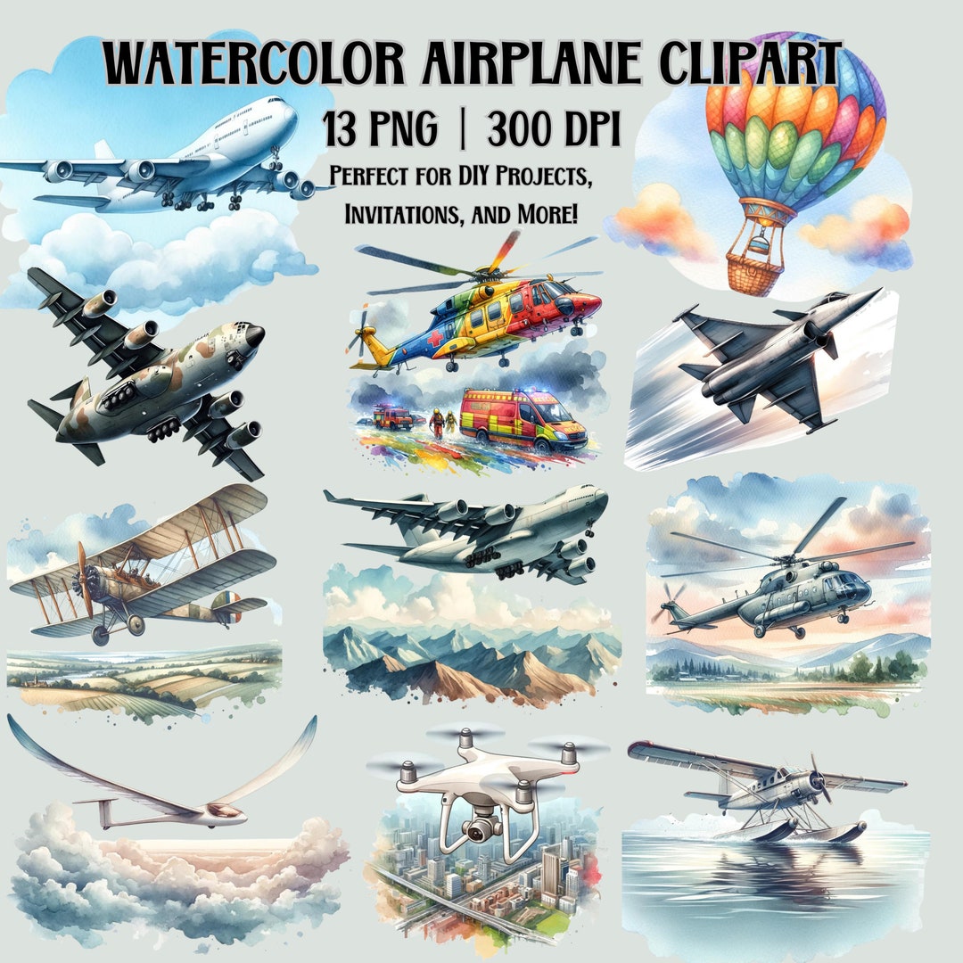 Watercolor Airplane Clipart Set | 13 PNG Images | Commercial Use ...