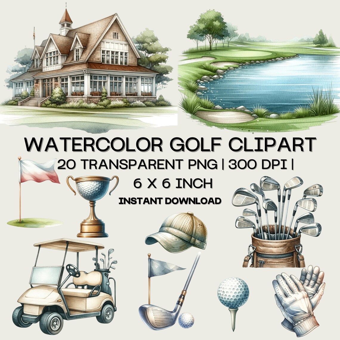 Watercolor Golf Clipart Set 20 PNG High-resolution Images Commercial ...