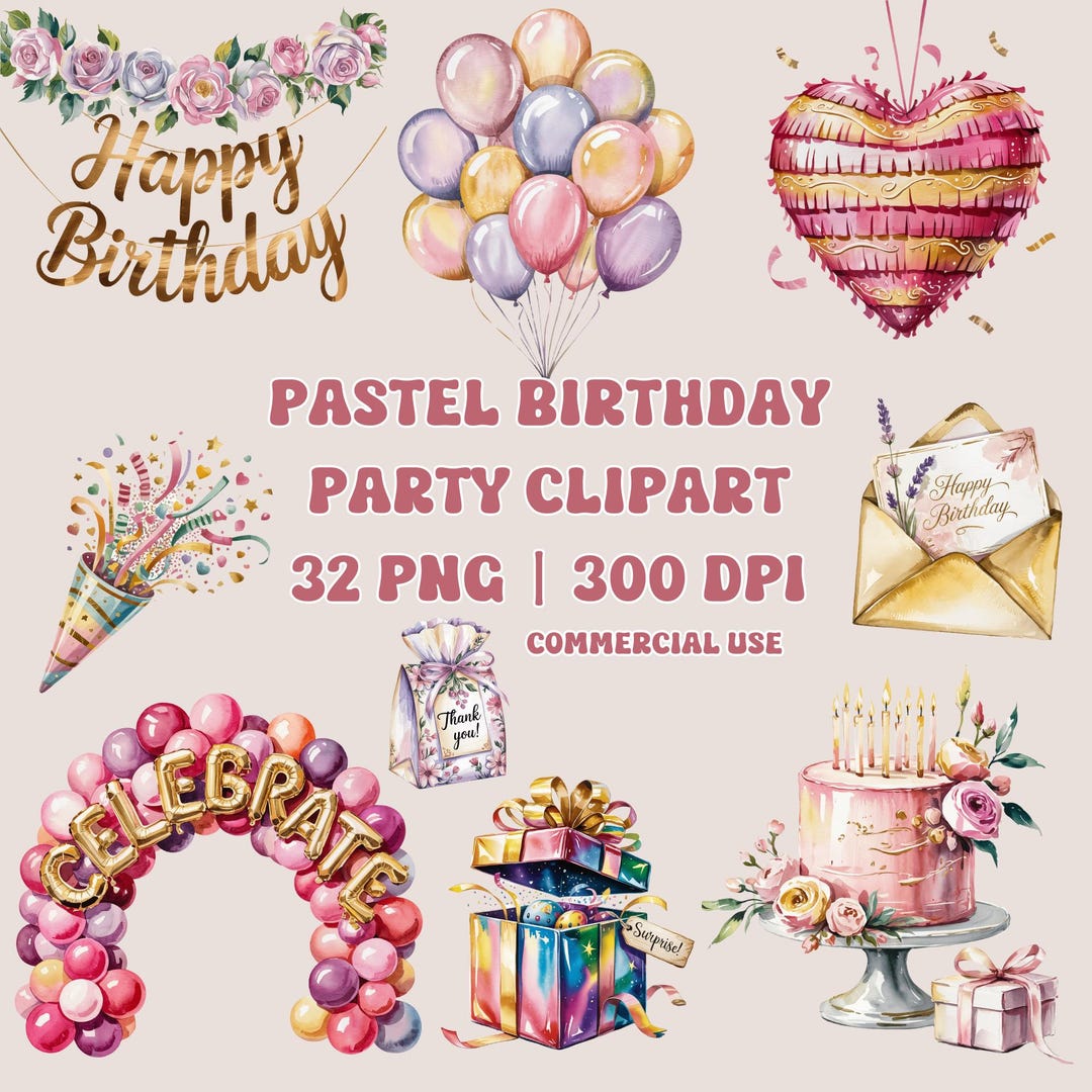 Pastel Birthday Party Clipart Set | 32 PNG | Watercolor Party Elements ...
