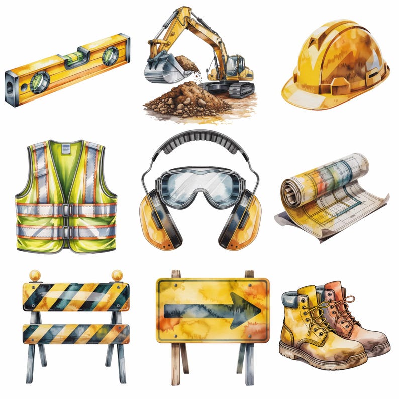 Watercolor Construction Clipart Bundle: Tools & Vehicles (digital ...