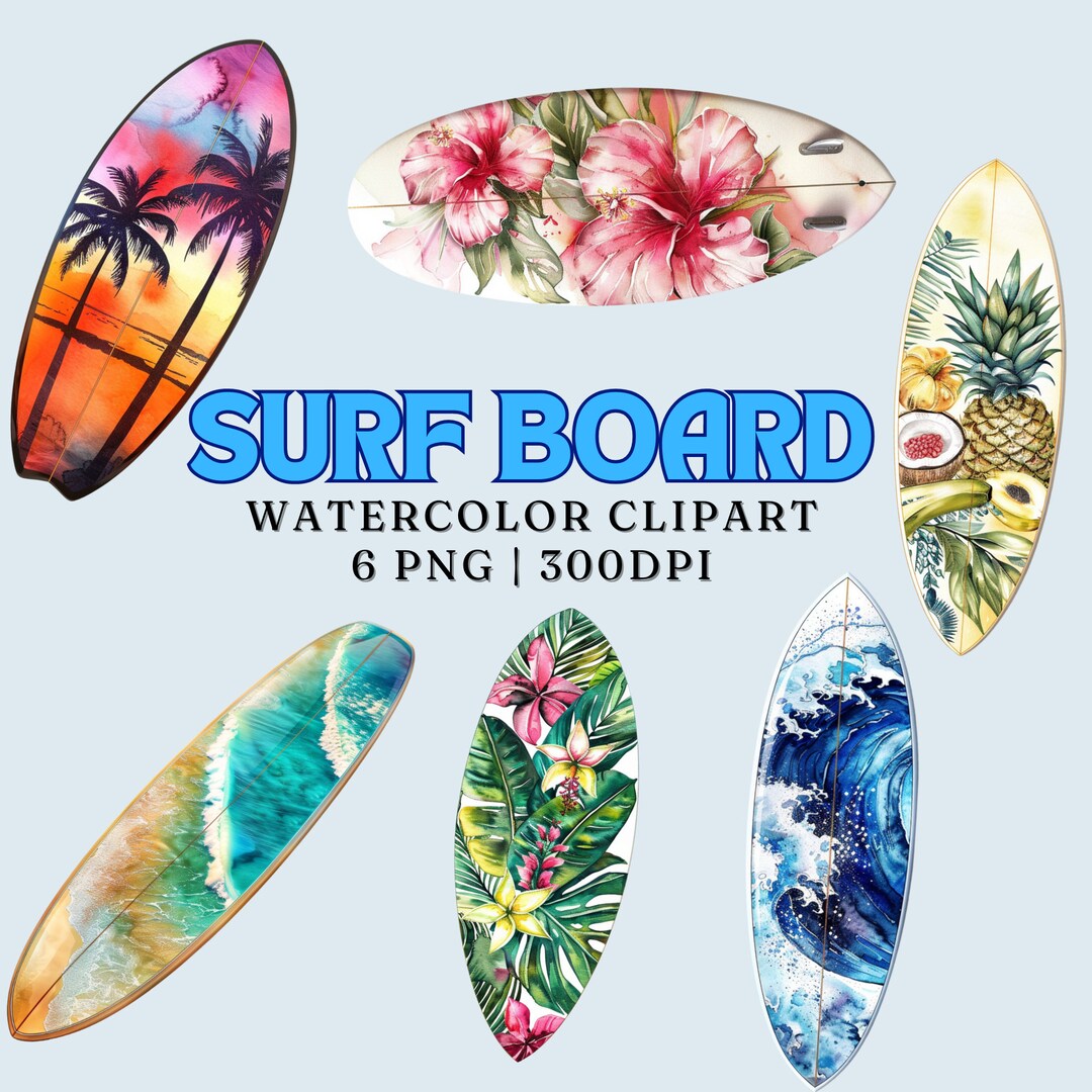 Surf Board Watercolor Clipart Set | 6 PNG Images | Commercial Use ...