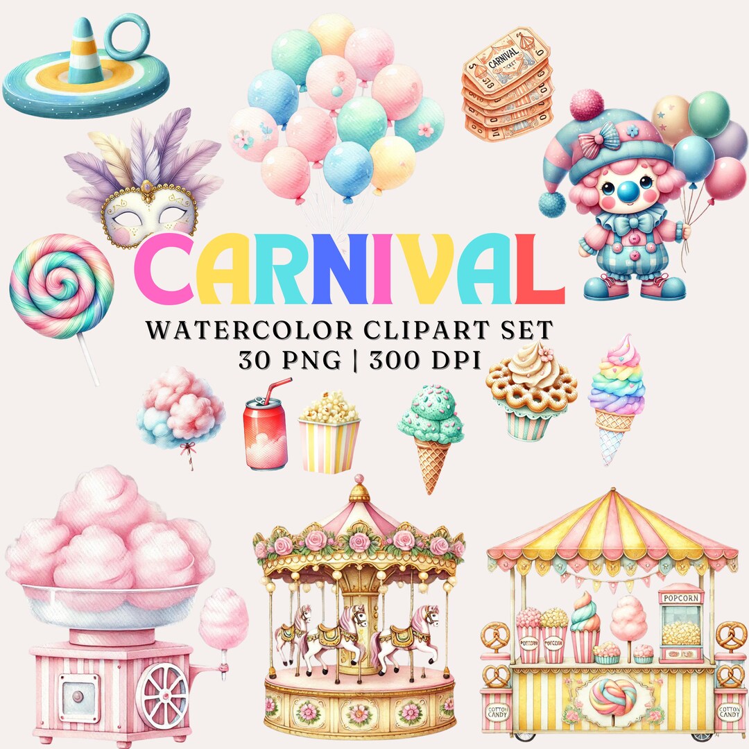 Pastel Carnival Watercolor Clipart Set: 30 PNG Images (digital Download ...