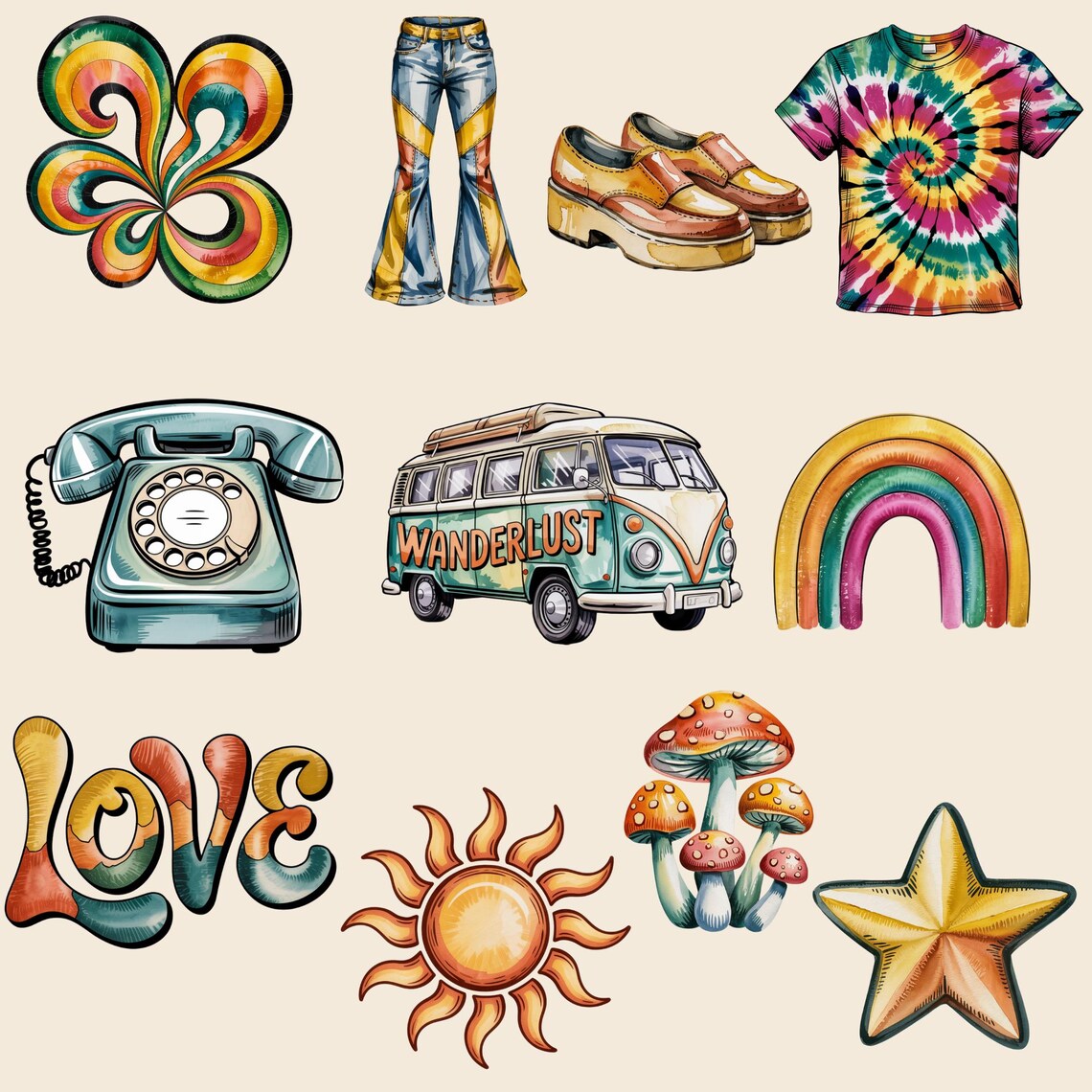 Retro 70s Clipart Bundle: Groovy Hippie PNG Images, Commercial Use - Etsy