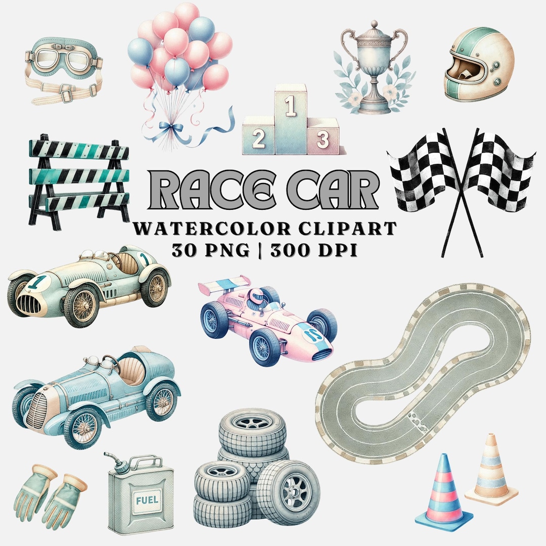 Race Car Watercolor Clipart Bundle - 30 PNG, Vintage Racing Elements ...