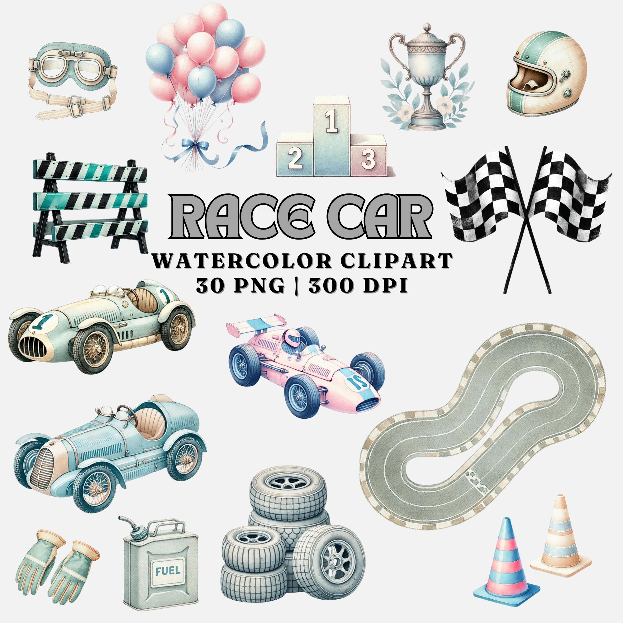 Race Car Watercolor Clipart Bundle - 30 PNG, Vintage Racing Elements ...