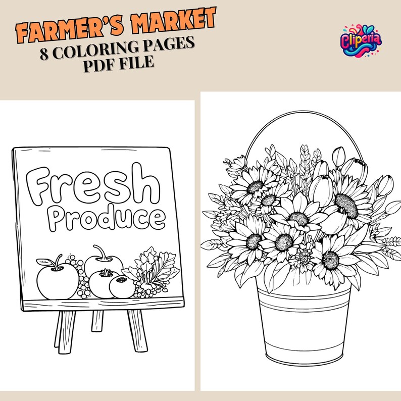 Farmer's Market Coloring Pages: Fruits, Vegetables, Flowers (8 ...